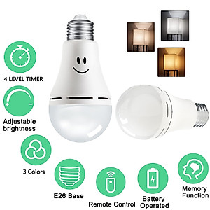 E26 Rechargeable Battery Operated Light Bulb,2Packs,300LM,40W Equivalent,Rechargeable Light Bulbs with Remote Control Timer and 3 Color Temperature,Puck Emergency Lamp,Dimmer,for Non-Hardwired