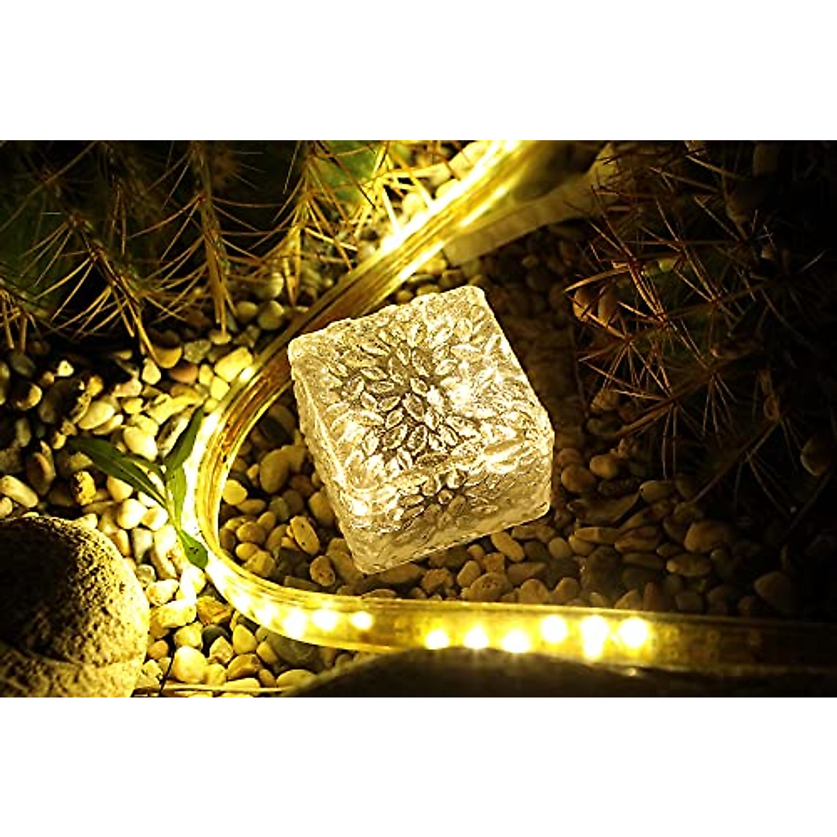 Solar Brick Lights, Glass Brick Lights, ice Brick Lights, Scene Lights, Garden Street Lights with switches, Suitable for Outdoor Path Atmosphere Lights in Gardens and courtyards(4pcs)（Big Warm White）