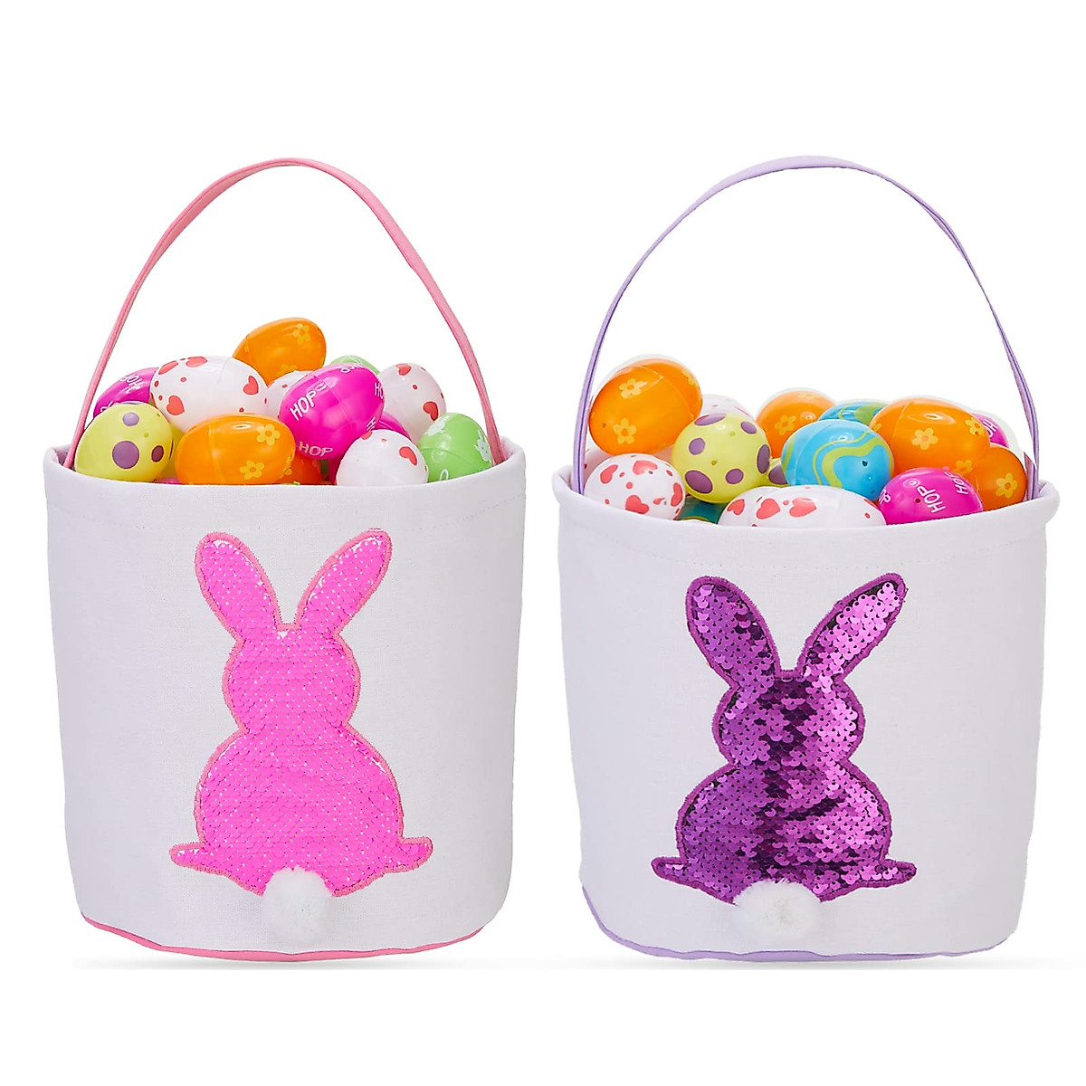 Zhuqing Easter Bunny Basket Bags, 2 Pack Bunny Bags with Fluffy Tail for Kids Boys Girls, Carrying Gift and Easter Eggs Hunt Bag, Printed Rabbit Canvas Toys Bucket Tote (Pink & Purple)
