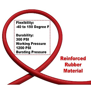 YOTOO Rubber Lead-in Air Hose 3/8-Inch by 6-Feet 300 PSI Heavy Duty, Kink Resistant, All-Weather Flexibility with 1/4-Inch Brass Male Fittings, Bend Restrictors, Red