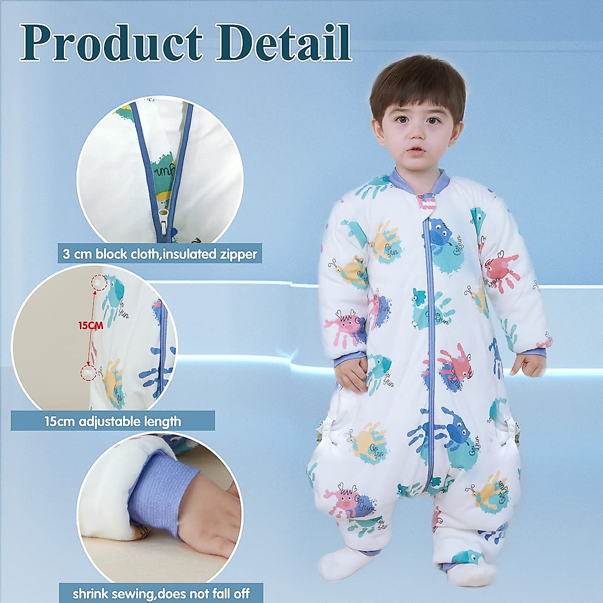 Reinewol Toddler Sleep Sack,Sleep Bag with Feet 2.5 Tog Wearable Blanket for Girl Boy, Thermostatic Absorb Sweat SleepSack with Removable Sleeves(Palm,Large)