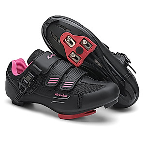 Womens Cycling Shoes Compatible with Peloton Bike Clip in Ladies Indoor Cycling Road Bike Riding Biking Shoes, Pre-Installed Delta Cleats Size 8.5 Black Pink
