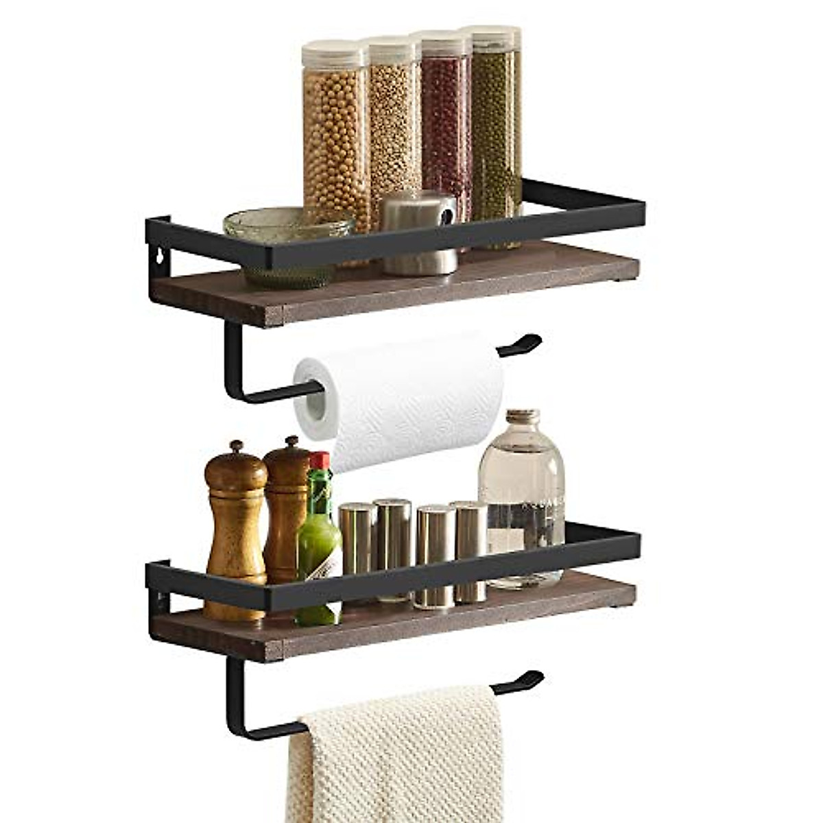 BESy Floating Shelves Wall Mounted Storage Shelves with Towel Rack Rails Bar, Paper Towel Holder with Shelf for Kitchen, Bathroom Tissue Roll Hanger, Matte Black Metal Frame, Set of 2 Brown