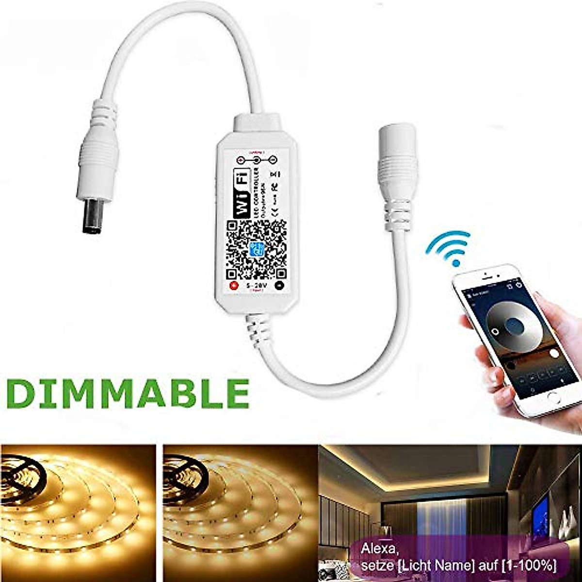 Sumaote Single Color LED Strip Lights WiFi Controller, Compatible with Android iOS Works for 5050 3528 COB LED Light Strips, 5V-28V, Voice Control, Dimmable, Timing Function