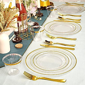 FOCUSLINE 100 Count Clear Gold Plastic Plates 7 Inch, Disposable Heavy Duty Clear Plates with Gold Rim, Premium Hard Plastic Plates Fancy Disposable Clear Salad Plates for Wedding Parties