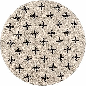Hauteloom Alstead Farmhouse Swiss Cross Geometric Shag Area Rug - Fluffy High Pile Super Soft Rug with Tassels for Living Room, Bedroom, Dining Room - Cream, Beige, Black - 3'11" x 5'7"