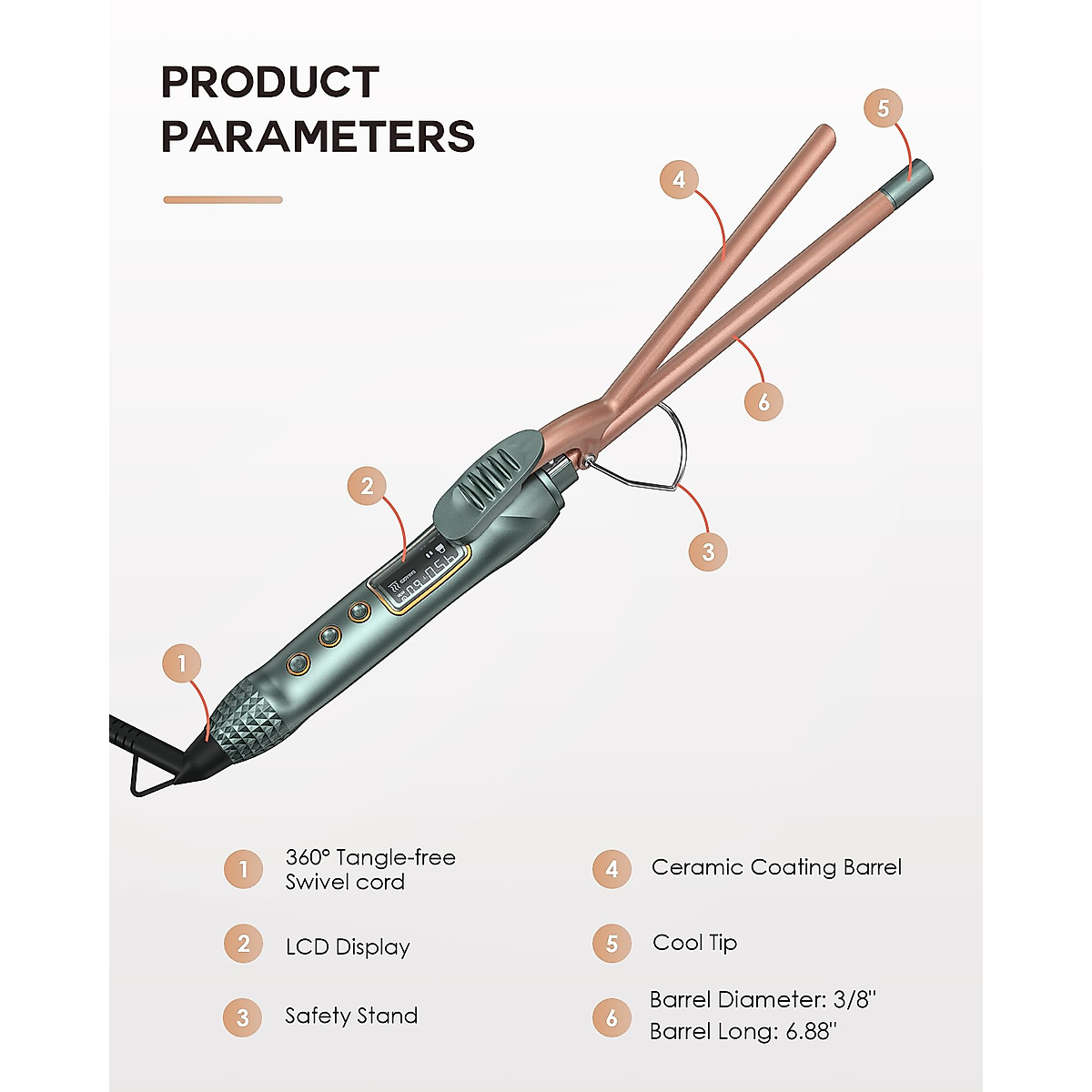 Elilier 3/8 Inch Small Curling Iron, 9mm Tiny Curling Iron Wand Barrel for Medium Long Hair, Ceramic Skinny Long Barrel Curling Iron w LCD Display, Curling Wand w Heat Glove for Styling, Tight Curls