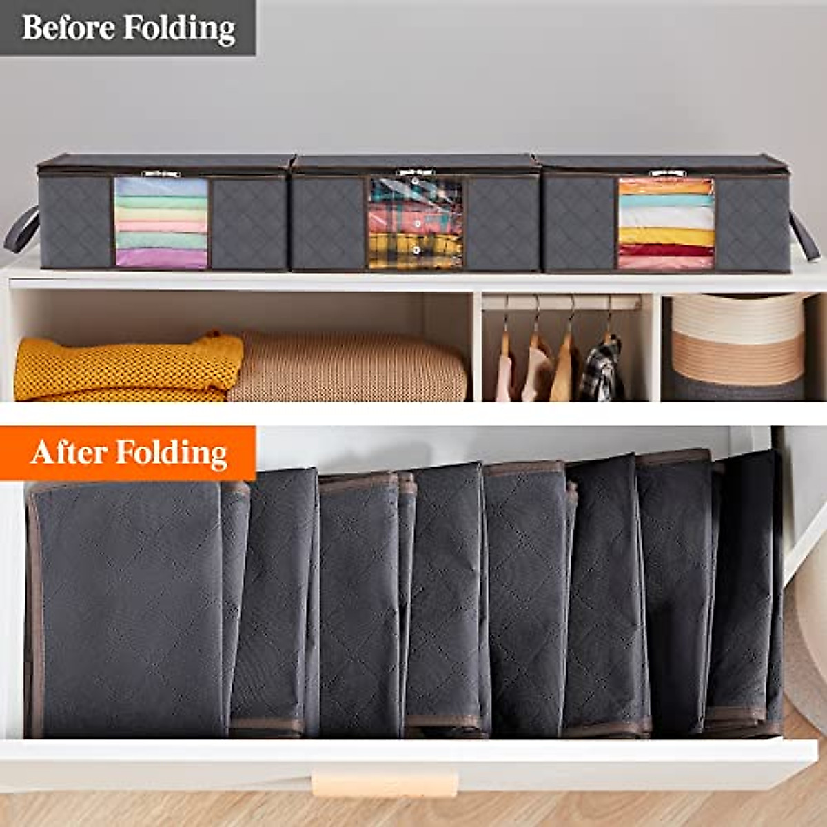 Lifewit Clothes Storage Bag Foldable Storage Bin Closet Organizer with Reinforced Handle Sturdy Fabric Clear Window for Sweaters, Coats, T-shirts, Blankets, 3 Pack, Grey