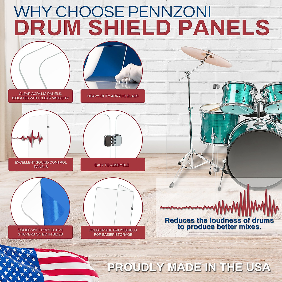 PENNZONI Drum Shield 4ft w/Chrome Hinges, Comes w/ 3 Drum Panels, & 4 Chrome Hinges, Premium Clear Acrylic Panels, Drum Screen