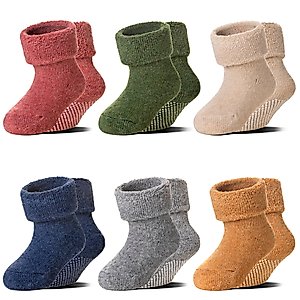 6 Pairs Baby Boy Girl Non Slip Socks Child Toddler Winter Thick Soft Wool Kids Warm Socks with Grips (Solid Color B, 1-3T)