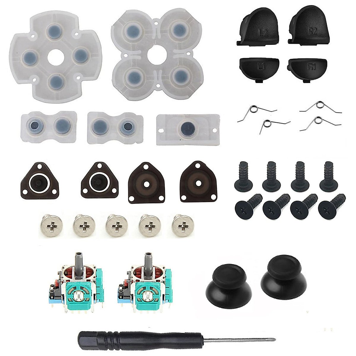Onyehn L1 R1 L2 R2 Trigger Springs Replacement Parts Buttons,3D Analog Joysticks Thumb Sticks Cap Conductive Rubber Screwdriver Kit for PlayStation 4 PS4 Controller(JDS-001)