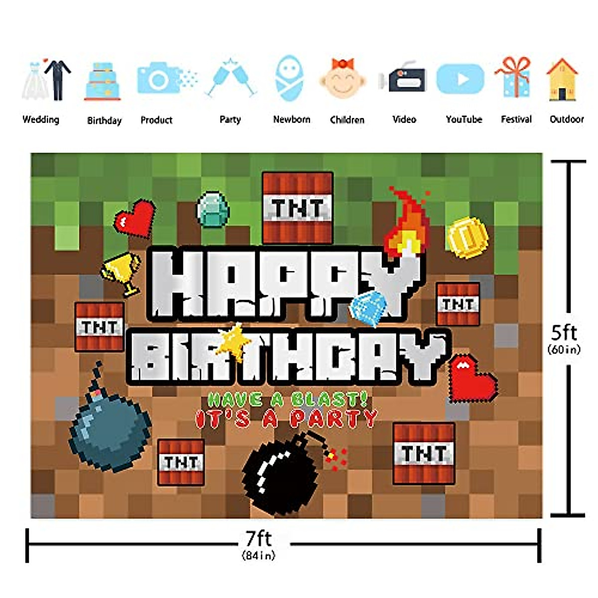 Pixel Backdrop for Birthday Party Game Theme Photography Background for Kids Boy Happy Birthday Video Gaming Battle Gamer Party Supplies Cake Table Decor Banner (7X5FT)
