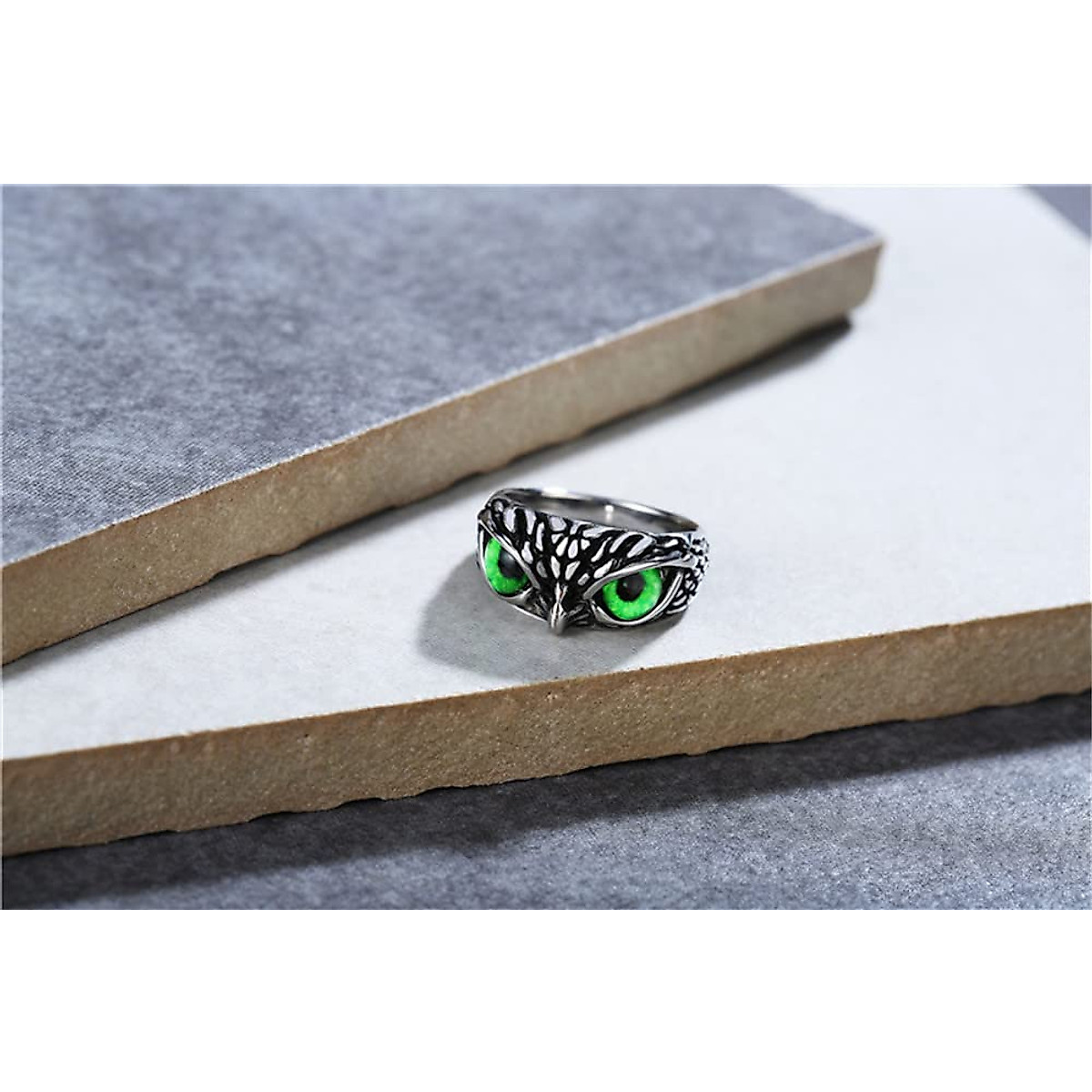 ANIEJUFI Stainless Steel Demon Eye Owl Ring Retro Animal Statement Rings for Women Men Jewelry Gift Silver Green Eyes Size 13