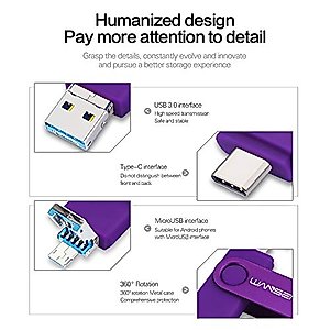 Wansenda 3 in 1 USB 3.0 Flash Drive 256GB, Type-C Type-A & Micro USB Thumb Drive, Photo Memory Stick for Android Devices/PC/Tablet/Mac (256GB, Purple)
