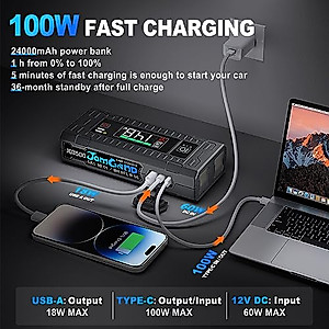 JOMGAND JQ3500 Portable Jump Starter, 3500A 12V Car Battery Booster Pack for Upto 10.0L Gas or 8.5L Diesel Engines, Jumper and Jump Box with 100W Two Way Fast Charge, 36 Months Ultra-Long Standby