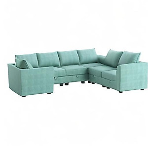 HONBAY Reversible Modular Couch Modern Polyester Sectional Sofa with Chaise & Storage Seat 112'' U-Shaped Couch for Living Room, Aqua Blue