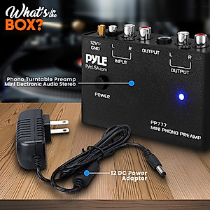 Pyle PP777 Phono Turntable Preamp Mini Electronic Audio Stereo Phonograph Preamplifier Input, RCA Output & Low Noise Operation Powered by 12 Volt DC Adapter