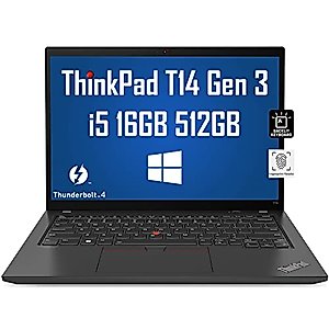 Lenovo ThinkPad T14 Gen 3 14" WUXGA FHD+ (Intel 12th Gen 10-Core i5-1235U, 16GB RAM, 512GB SSD) Business Laptop, Backlit, Fingerprint, 2 x Thunderbolt 4, Webcam, 3-yr Warranty, Win 10 / Win 11 Pro