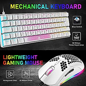 Mechanical Mini RGB Gaming Keyboard and Mouse Combo with Compact 62Key Layout Rainbow Backlight Anti-ghosting 6400DPI Honeycomb Mice Type-C Wired for PC Mac Gamer Laptop Typists DIY(White/Blue Switch)