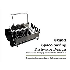 Cuisinart Stainless Steel Dish Drying Rack – Includes Wire Dish Drying Rack, Utensil Caddy, Draining Board, Stemware Holder, and Non-Slip Cup Holders, 14.4” x 12” x 6”- Stainless Steel/Black
