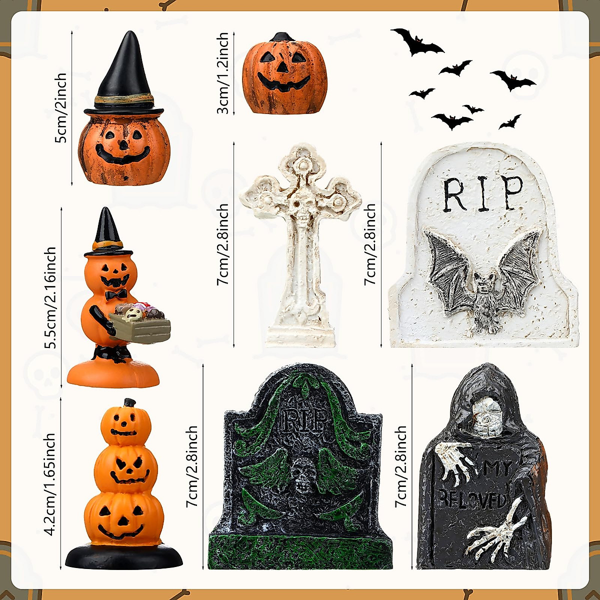 Wettarn 98 Pcs Halloween Miniatures Figurines Mini Tombstones Figurine Halloween Figurines Skulls Heads Resin Miniature Pumpkins Decor Garden Accessories Ornaments for Outdoor Home DIY Crafts Party