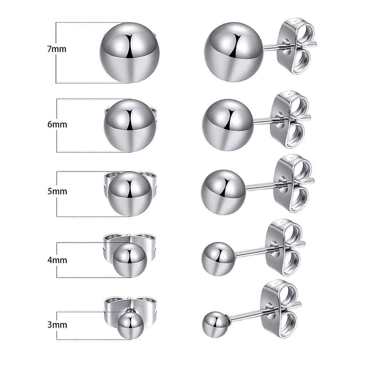 MDFUN 6 Pairs Surgical Stainless Steel Round Ball Stud Earrings Set for Women Men 3-7mm