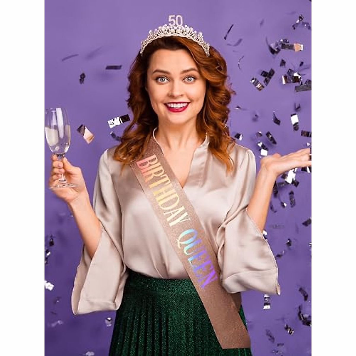 SWEETV 50th Birthday Crown Tiara Sash for Women Rose Gold Birthday Queen Sash and Tiara Crown Set Rhinestone Princess Headband for Birth Day Party Photograph, for Ages 15+