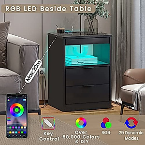 ADORNEVE LED Nightstand Black Nightstand with Wireless Charging Station 2 Drawers, Modern Bedroom End Side Table with LED Lights, Wooden Sofa Bedside Table with Pull-Out Shelf