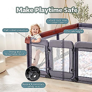Sweeby Baby Playpen, 79x71 Playpens for Babies and Toddlers with Gate, Large Baby Play Yards with Zipper Door, Indoor & Outdoor Baby Fence, Dark Grey