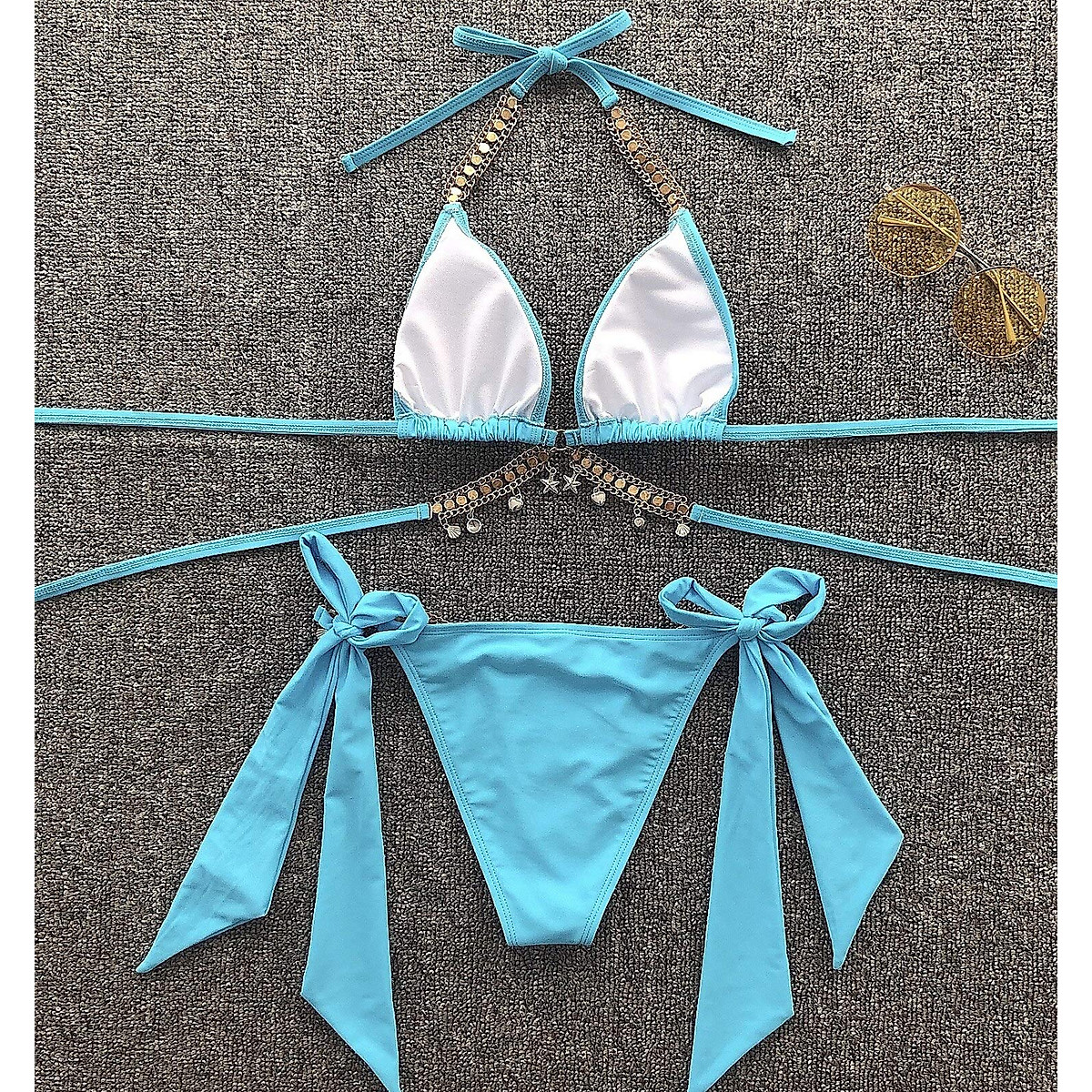 BIKINX Women's Sexy Thong Bikini Diamond Tie Side Bottom Blue Triangle Bikini Halter Swimsuits
