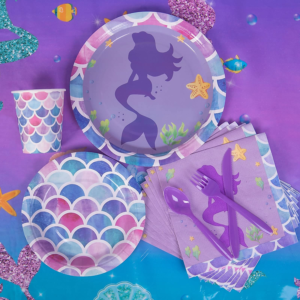 Freechase Mermaid Birthday Party Decorations - 345PCS Mermaid Birthday Theme Party Supplies Balloon Garland Kit, Happy Birthday Party Supplies with Dinnerware Banner Set for Boys Girl Kids -16 Guest