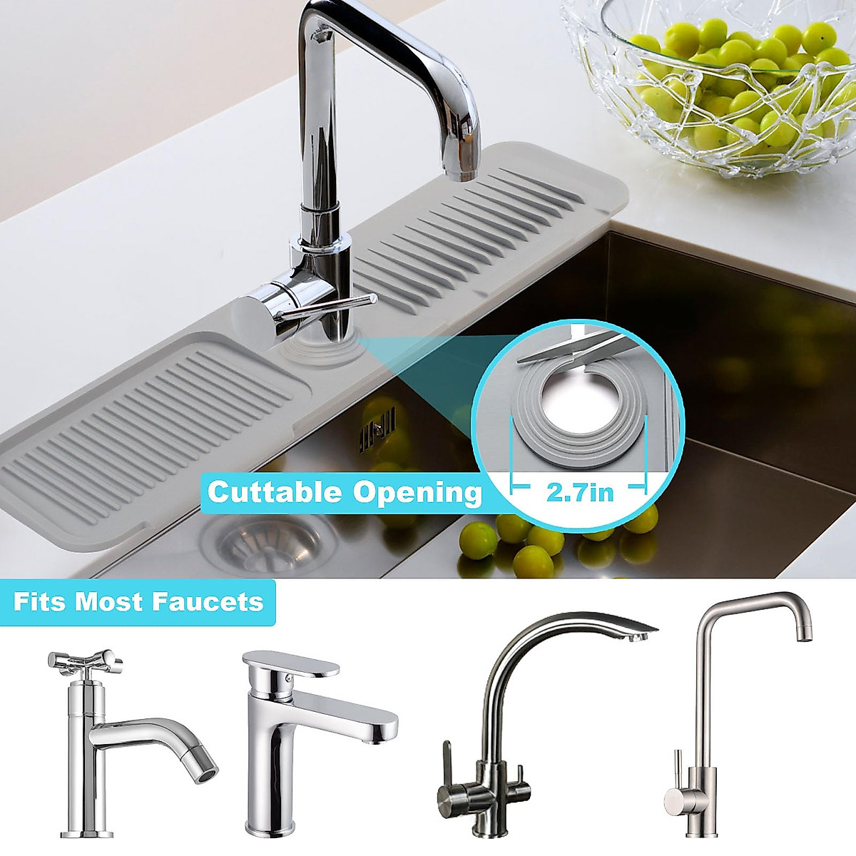 5°slope kitchen sink splash guard-gray silicone faucet mat handle drip catcher tray behind faucet with soap dispenser hole-1pc water clear gadgets for sink accessories 5 by 24inch long organizer