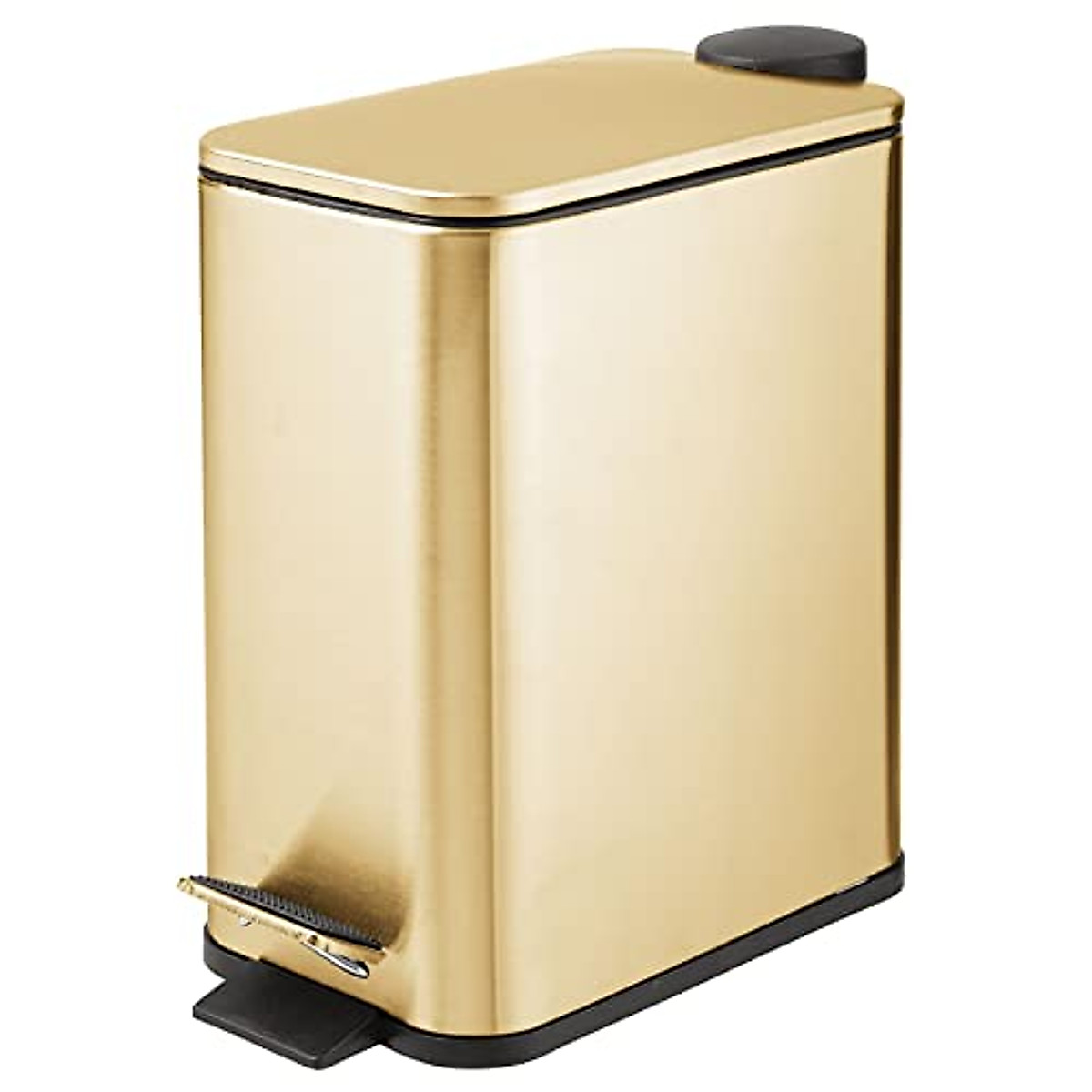 mDesign Slim Metal Rectangle 1.3 Gallon Trash Can with Step Pedal, Easy-Close Lid, Removable Liner - Narrow Wastebasket Garbage Container Bin for Bathroom, Bedroom, Kitchen, Office - Soft Brass