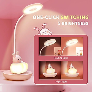 CompraFun Kids Desk Lamp Pink, Dimming Desk Lamp for Girls with Exclusive Cartoon Look, Cute Night Light for Kids Bedroom, Eye-Caring LED Portable Reading Lamp for Child, Unique Gift (Pink Rabbit)