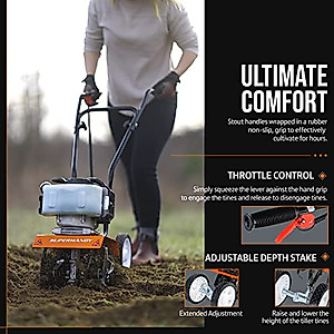SuperHandy Mini Tiller Cultivator Super Duty 3HP 50cc 2 Stroke Gas Motor 4 Premium Steel Adjustable Forward Rotating Tines for Garden & Lawn, Digging, Weed Removal & Soil Cultivation EPA/CARB