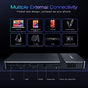 AKASO Mini Projector, Pocket-Sized DLP Portable Projector, 1080P Cookie Projector, Support HDMI WiFi Built-in Rechargeable Battery Stereo Speakers and Remote Control Movie Projector