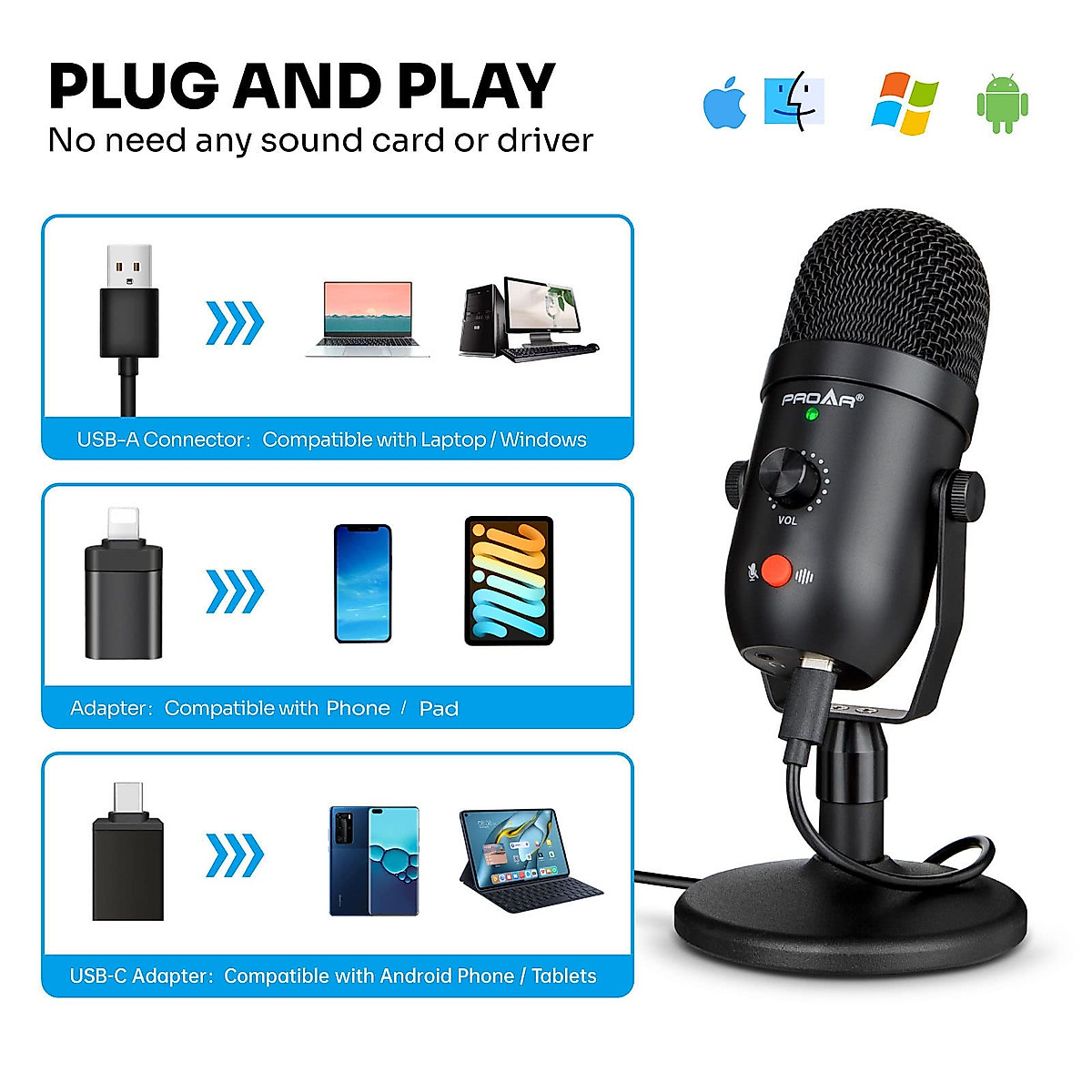 Podcast Microphone for Phone/Pad/PS4,Condenser Recording USB Microphone for Computer,Metal PC Microphone for Gaming,ASMR,YouTube,Streaming Mic Kit with Noise Cancelling for Laptop MAC or Windows