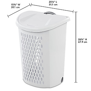 Ultra Wheeled Design Clothes Hamper Laundry Basket, Mind Reader Basket Collection，135 Liter （20 1/8" x 15 3/8" x 26 3/4"）Capacity, White Lid & Base w/Plastic Handle & Wheels.