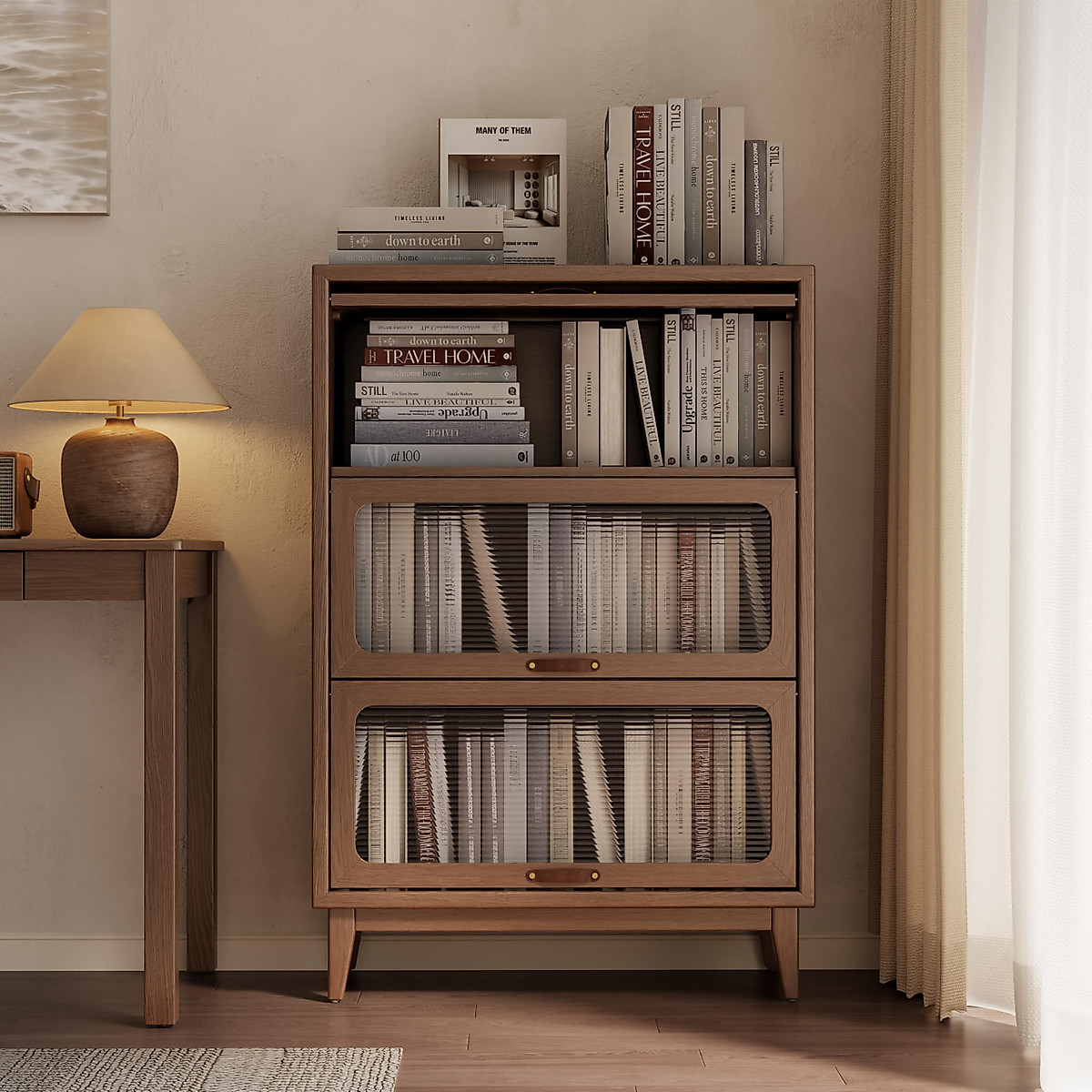 KASLANDI 3 Shelf Bookcase with Cabinet Glass Doors, Wood Bookcase with Storage, Wooden Bookshelves and Bookcases for Home Office, Bed Room, Living Room (Walnut, 31.5" W)