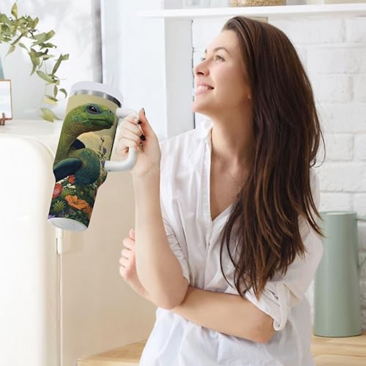 Slewiaeky Tumbler with Handle 40 oz Retro Tortoise Turtle Travel Mug with Lid and Straw Ocean Stainless Steel Vacuum Insulated Water Bottle Cup for Iced Tea Coffee Cold Beverages Cup Holder Friendly