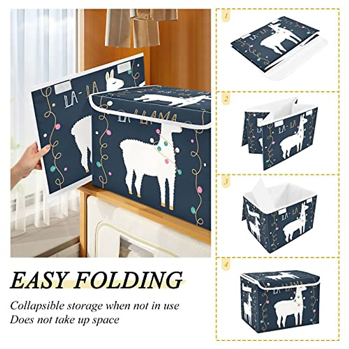 Christmas Llama Storage Bins with Lids for Organizing Lidded Home Storage Bins with Handles Oxford Cloth Storage Cube Box for Living Room