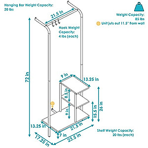 Sunnydaze 67-Inch H Wall-Mounted Garment Hanging Rack with Shelves and Hooks -Rustic Wood with Black Metal Frame