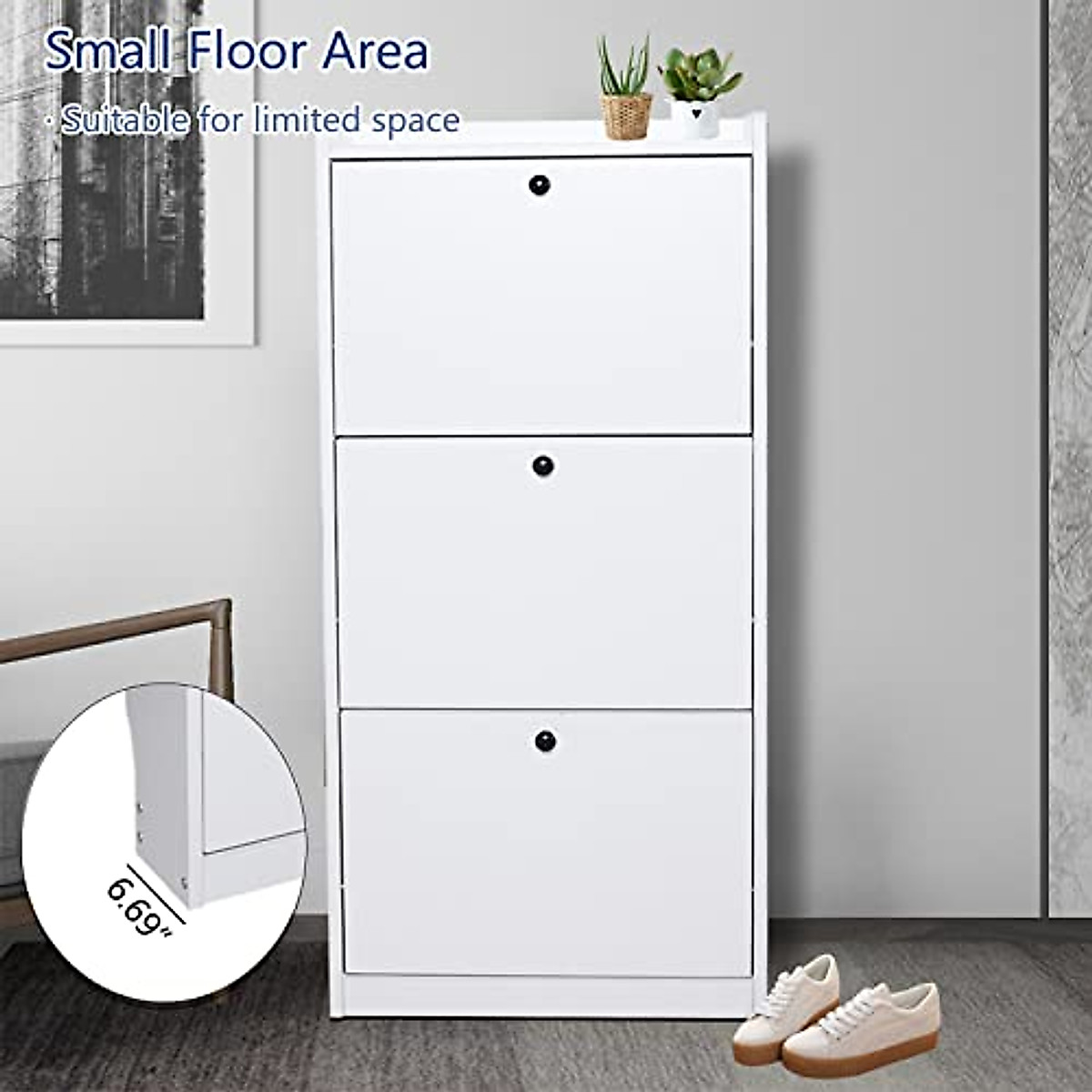 ZHFEISY 3 Tier Shoe Cabinet Shoe Storage Cabinet with 3 Large Fold-Out Drawers 19.69" x 6.69" x 43.31" White Shoe Rack for Entryway Hallway