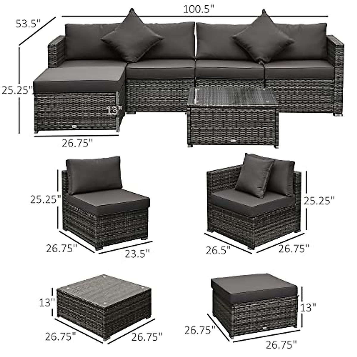 Outsunny 6 Pieces Patio Furniture Sets Outdoor Wicker Conversation Sets All Weather PE Rattan Sectional Sofa Set with Ottoman, Cushions & Tempered Glass Desktop, Charcoal