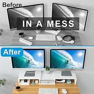 TEAMIX White Dual Monitor Stand Riser with Drawer - Length and Angle Adjustable Double Corner Desk Shelf Organizer 37 inch Long for 2 Laptop/PC/Screen/TV