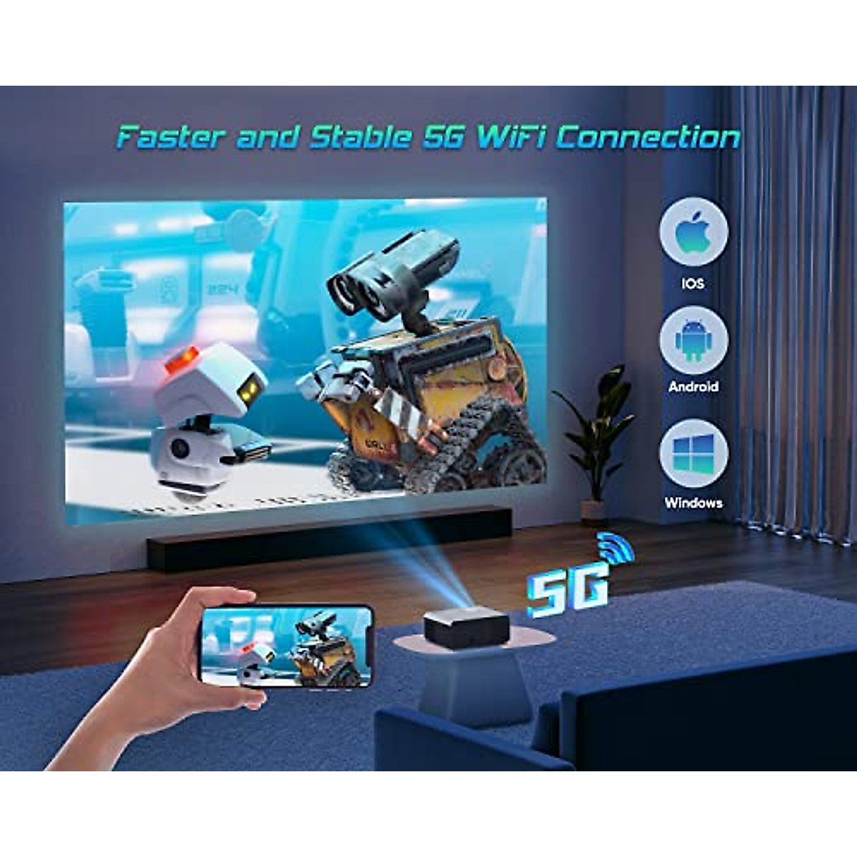 TMY Projector with WiFi and Bluetooth, Native 1080P 5G WiFi Outdoor Projector with 100" screen, 4K Supported Portable Projector, Compatible with iOS/Android/PC/TV Stick/HDMI/AV/USB, Indoor Outdoor Use