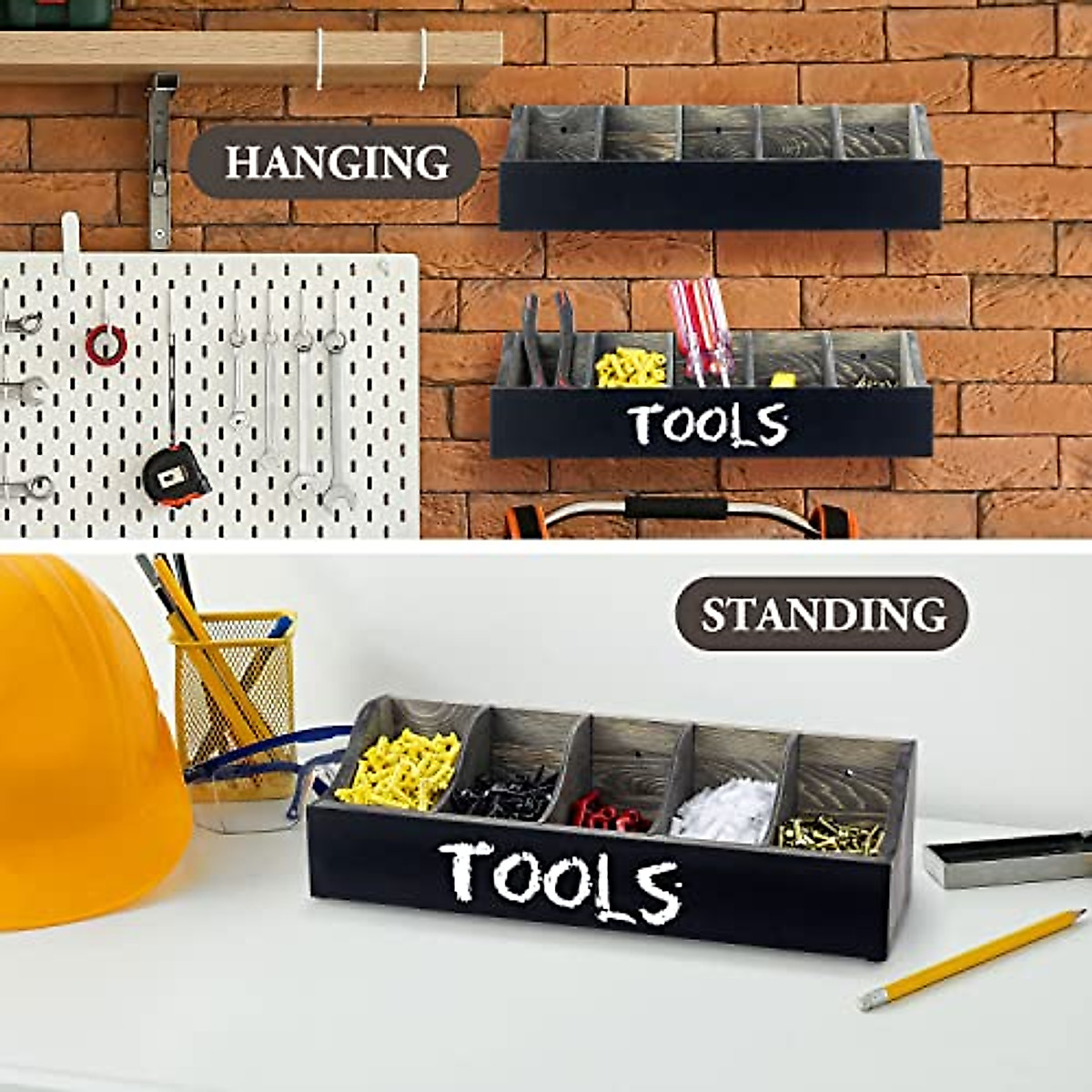 MyGift Utility Caddy Organizer, Adjustable Solid Wood Storage Organizers with 10 Compartments and Chalkboard Label for Crafting Parts and Tools, Wall Mountable and Freestanding, Set of 2