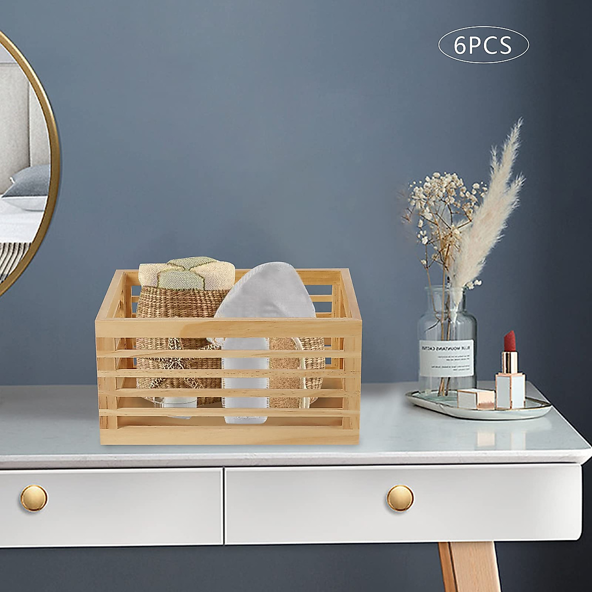 TOOL1SHOoo Bamboo Storage Organizer Bin For Kitchen Pantry Bathroom Slotted Cabinet Shelf 6 Pack Natural Bamboo Storage Organizer Bin For Kitchen, Pantry, Bathroom