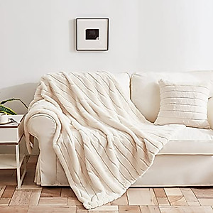 Luxury Decorative Striped Faux Fur Throw Blanket 60"x 80" for Couch Sofa Bed in Ivory White, Lightweight, Soft & Cozy