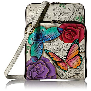 Anna by Anuschka Women's Genuine Leather Tall Zip-Around Cross Body| Hand Painted Original Artwork | Floral Paradise